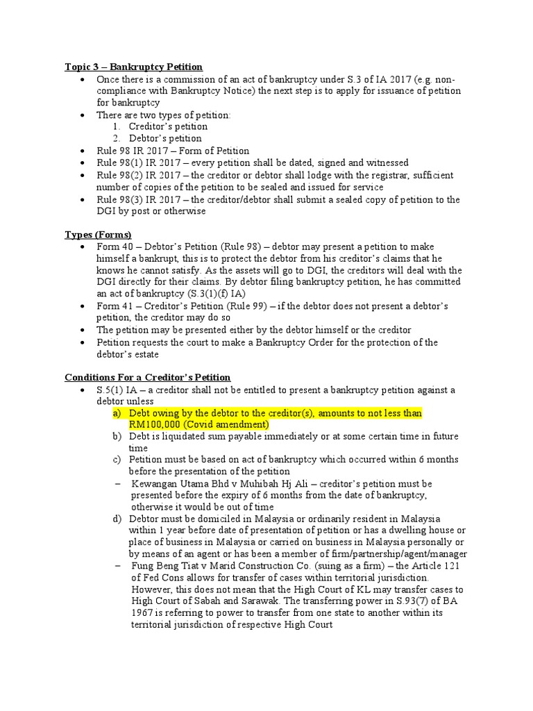 Types of Bankruptcy Petitions in Malaysia | PDF | Bankruptcy | Judgment (Law)