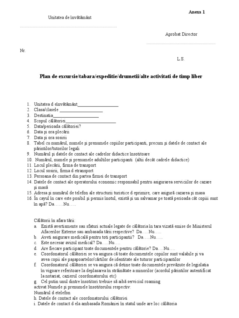 Anexe Documente Excursie 2016 | PDF