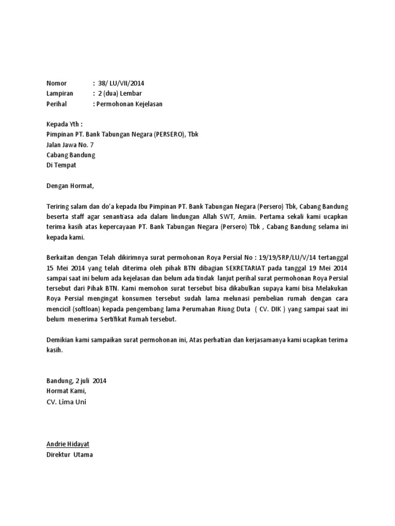 Permohonan Tindak Lanjut Perihal Surat Permohonan Roya | PDF