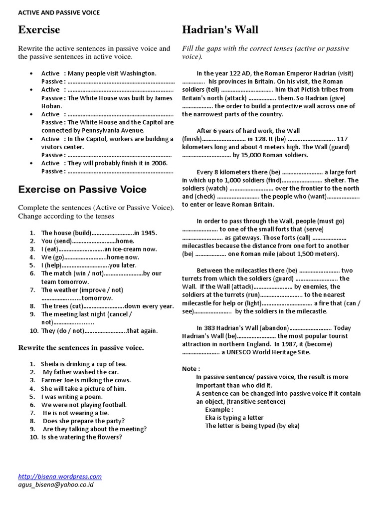 Dokumen - Tips Exercise Hadrians Wall and Passive Voice Exercise Rewrite The Active Sentences | PDF