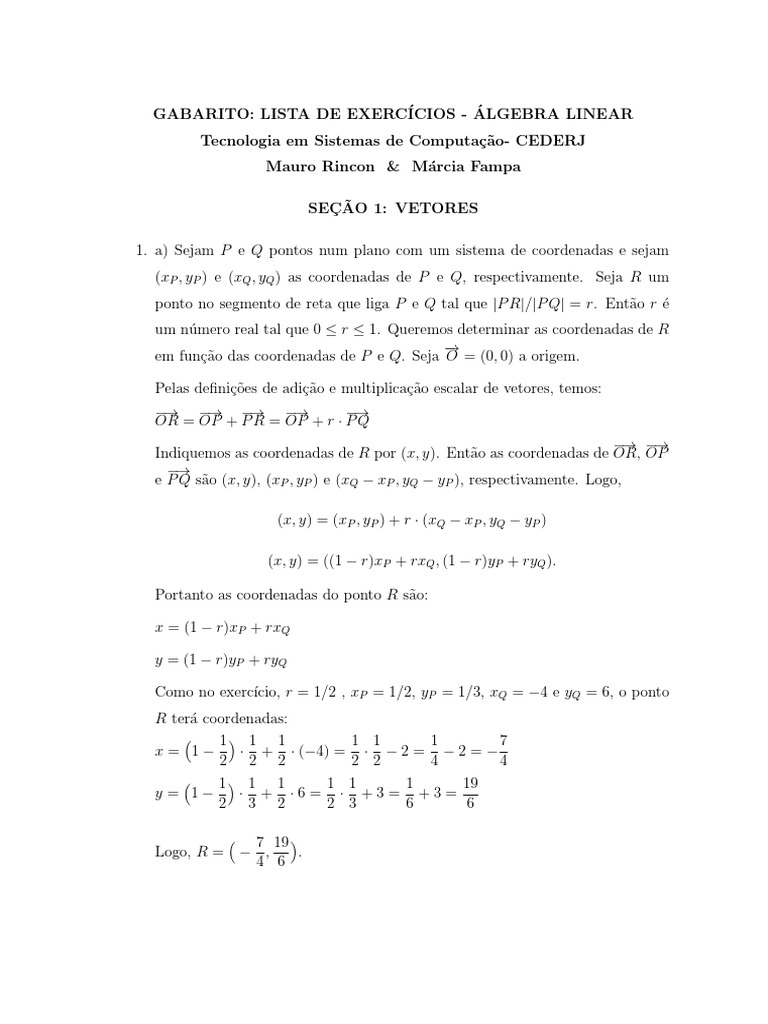 Gabarito de Exercícios de Álgebra Linear | PDF | Espaço vetorial ...