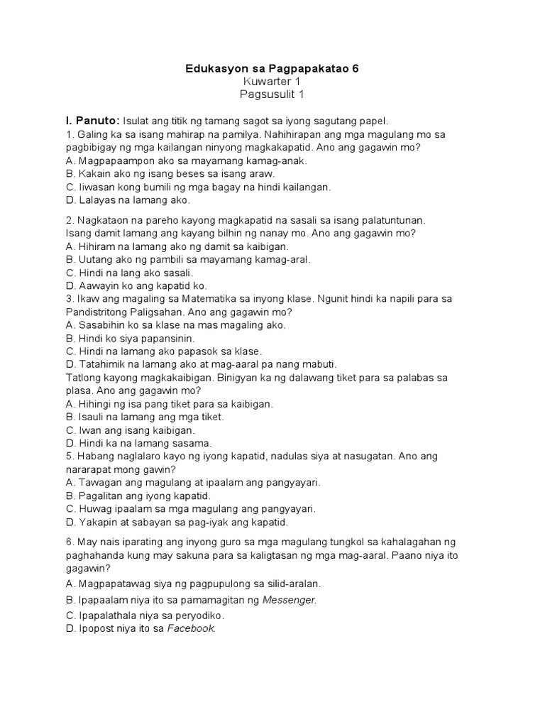 Edukasyon Sa Pagpapakatao 6-Summative-Q1 | PDF