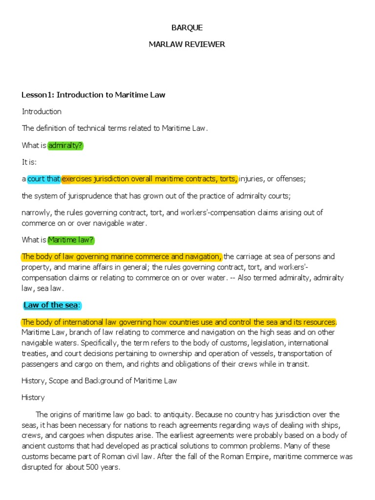 Marlaw Prelim Reviewer | PDF | Territorial Waters | Admiralty Law