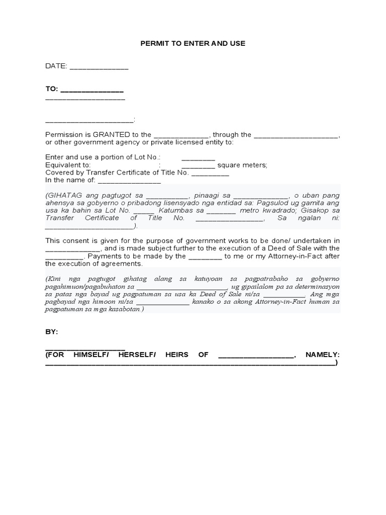 PERMIT TO ENTER - Template | PDF