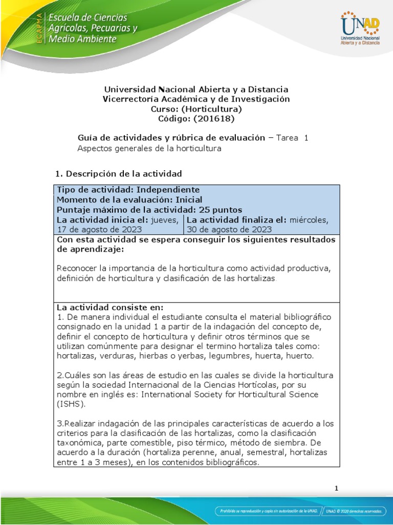 Guia HORTICULTURA - Unidad 1 - Tarea 1 - Aspectos Generales de La Horticultura | PDF ...