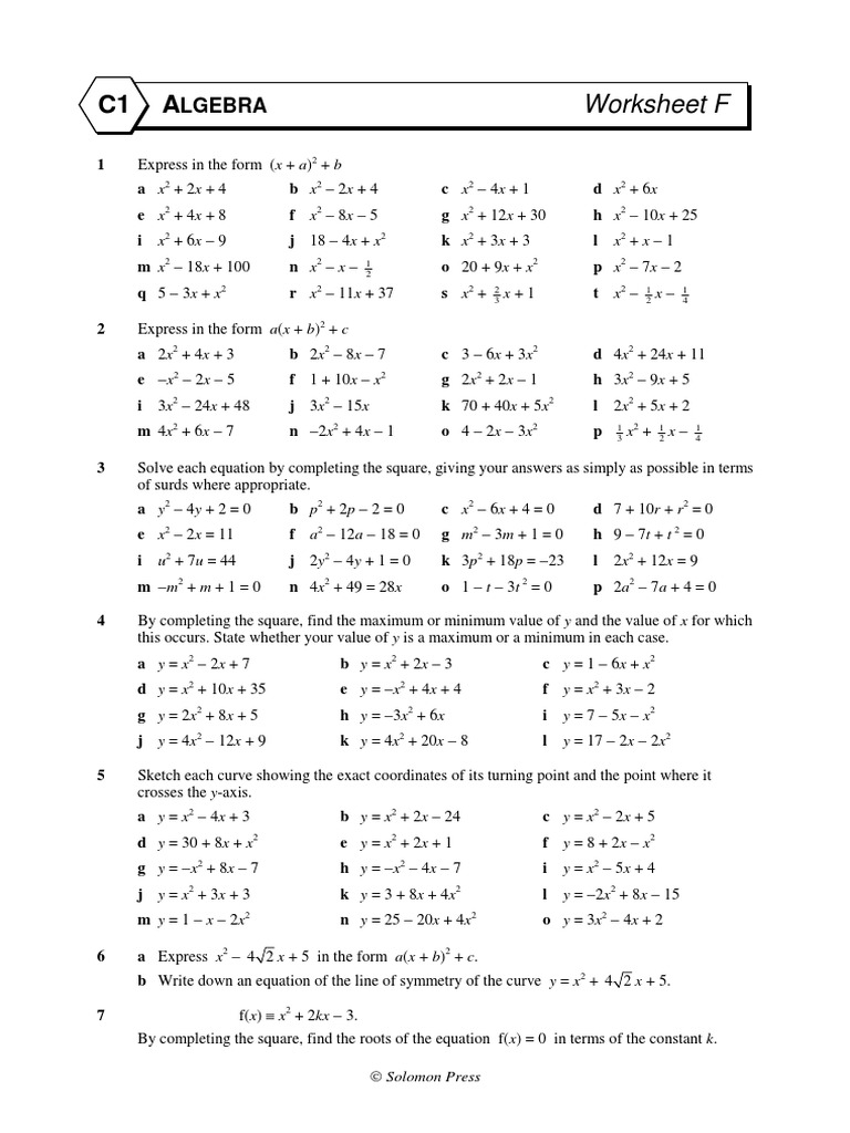 C1 Algebra F Completing The Square Questions | PDF | Elementary ...