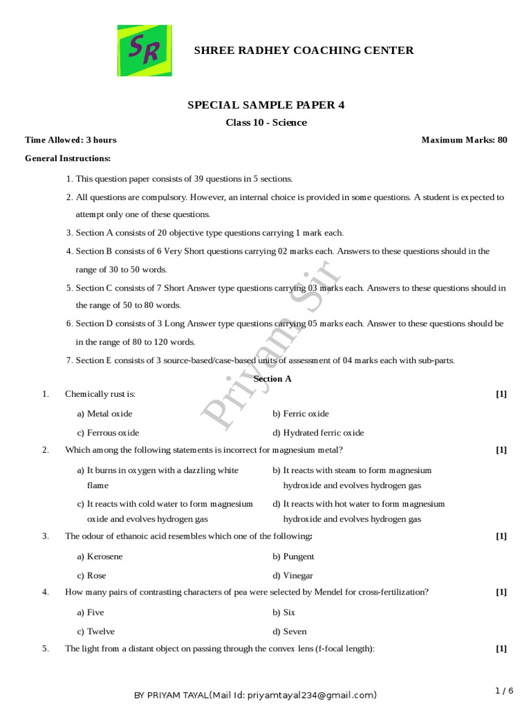 5269science SPECIAL SAMPLE PAPER 4 | PDF | Redox | Chemical Reactions