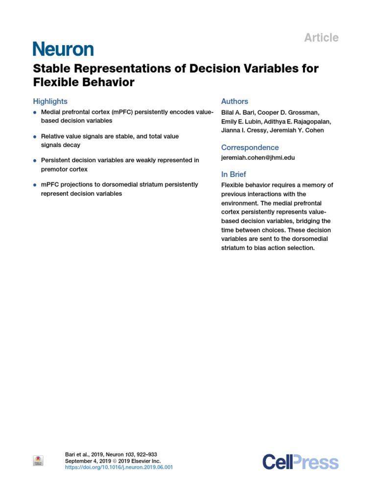 Neuron-2019-Stable Representations of Decision Variables For Flexible Behavior | PDF | Reward ...