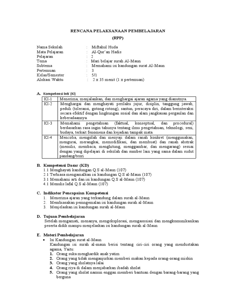 RPP 7 Isi Kandungan Surat Al-Ma'un | PDF