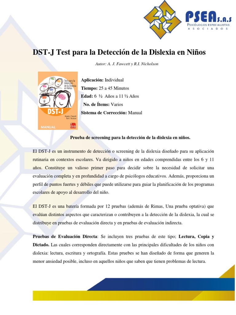 DST J Test para La Deteccion de La Dislexia en Ninos | PDF