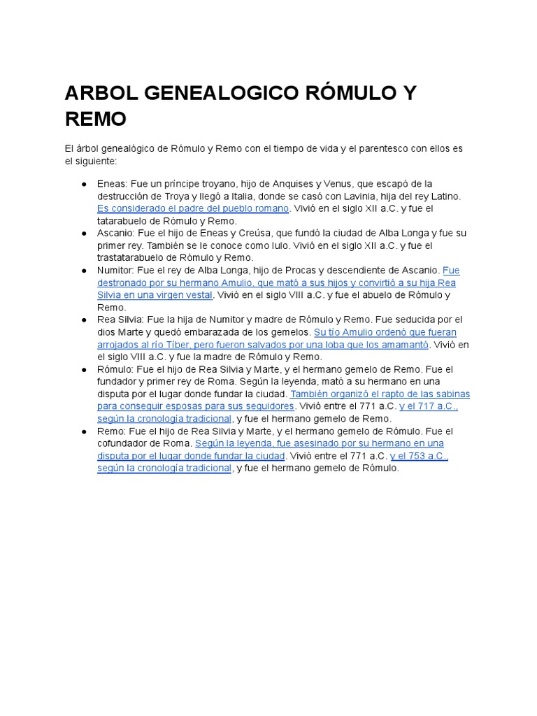 Árbol Genealógico de Rómulo y Remo | PDF | Historia