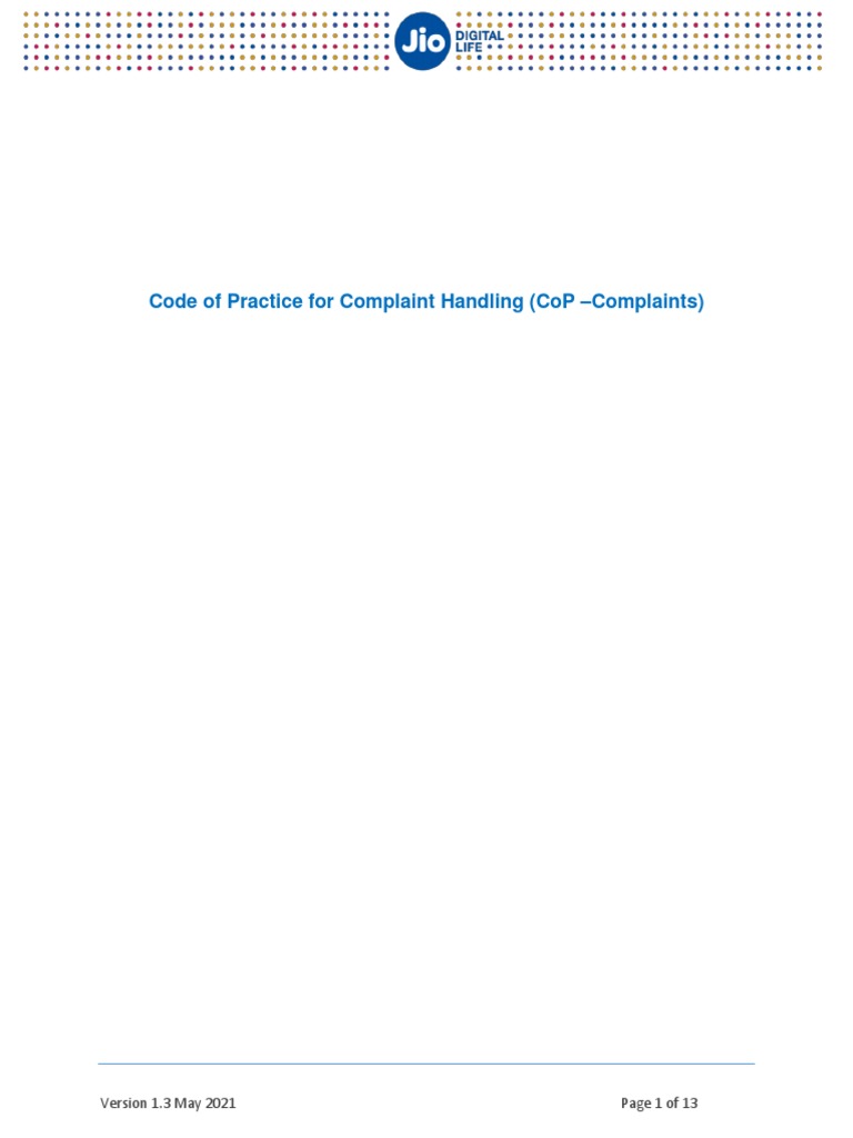 RJIL CoP Complaints Jun2021 | PDF
