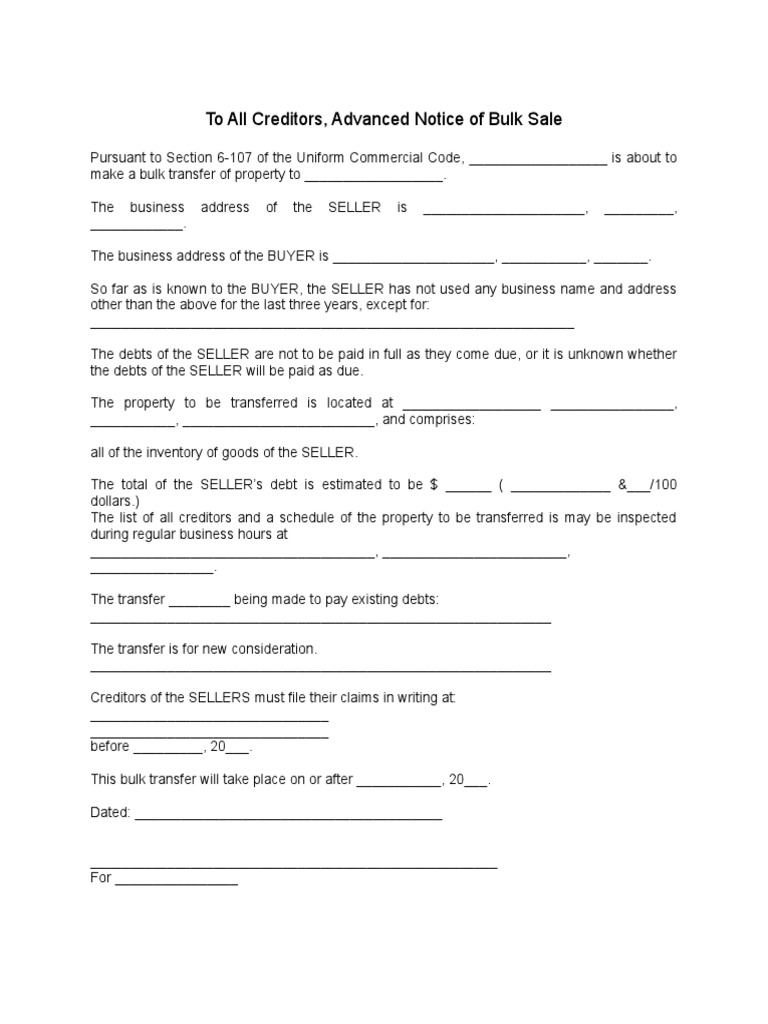 Bulk Sale Advance Notice To Creditors | PDF