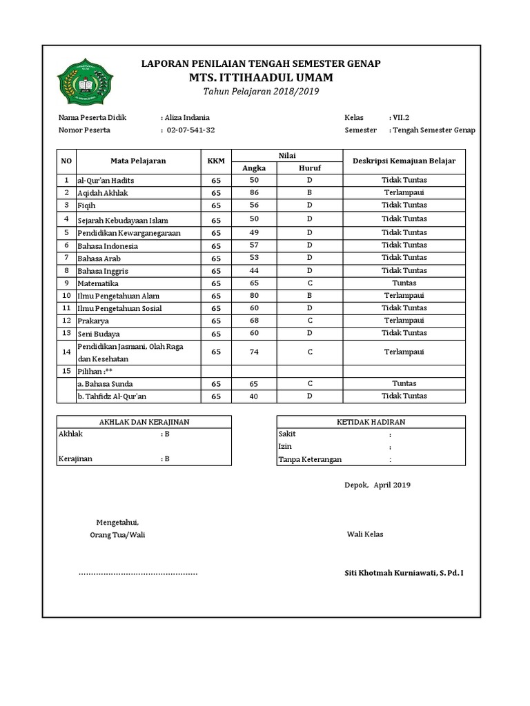 Format Raport Bayangan Genap (1819) | PDF