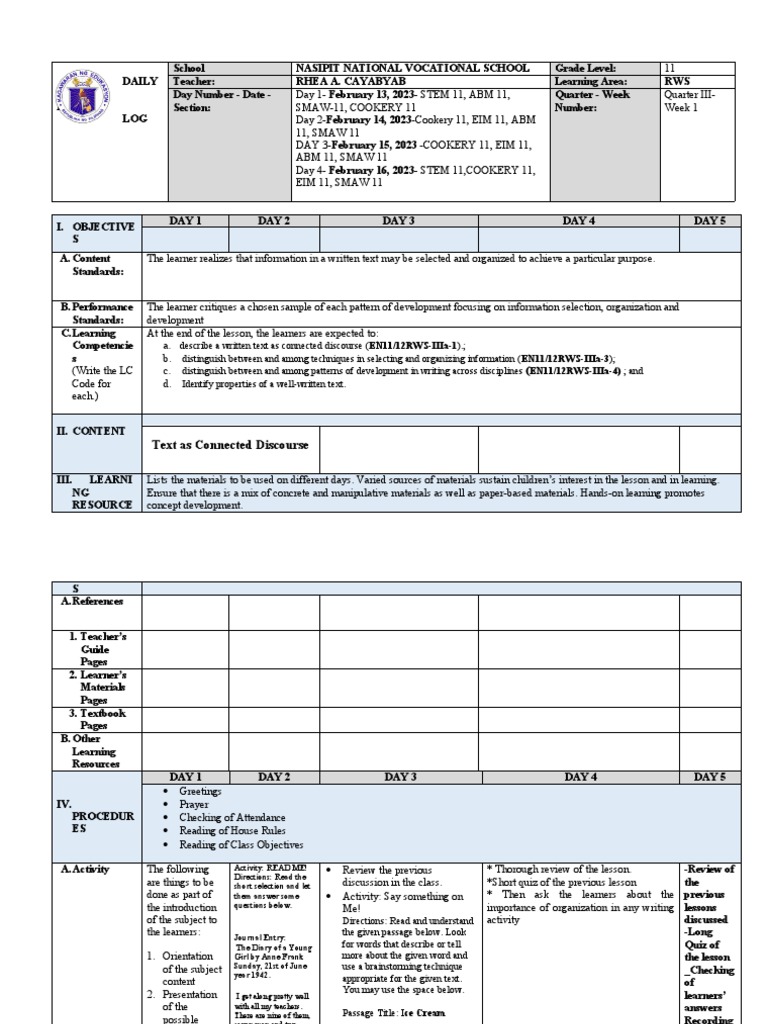 DLL For Rws 2023 (Week 1) | PDF | Brainstorming | Idea