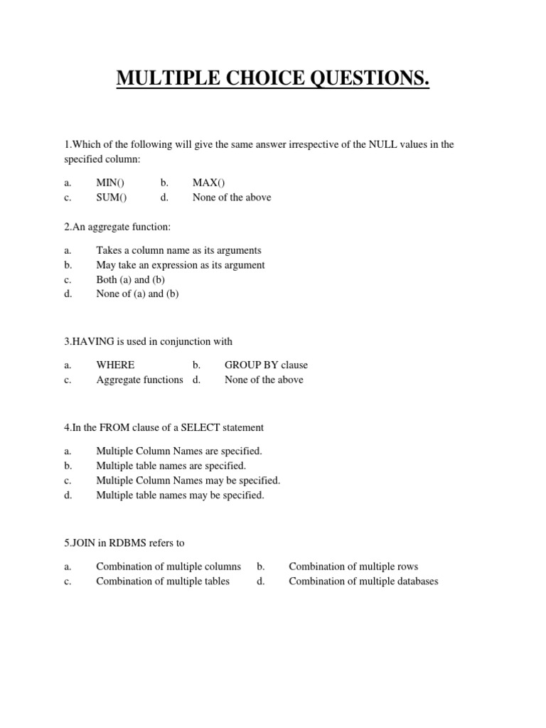 SQL Multiple Choice Quiz | PDF
