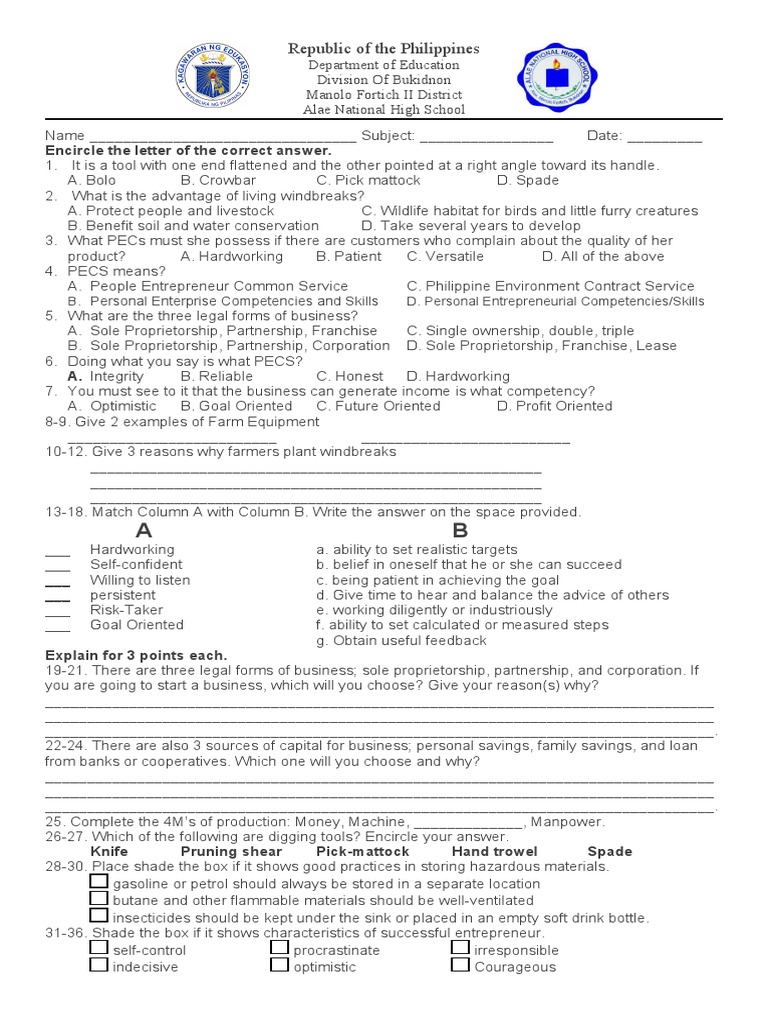 Tle 4TH QRTR Exam | PDF | Tractor | Tillage