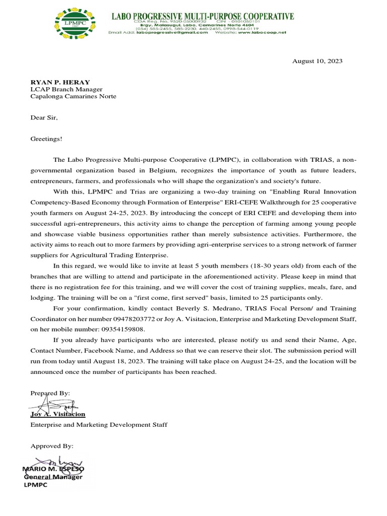 Invitation Letter ERI-CEFE Training LCAP | PDF | Economies | Business