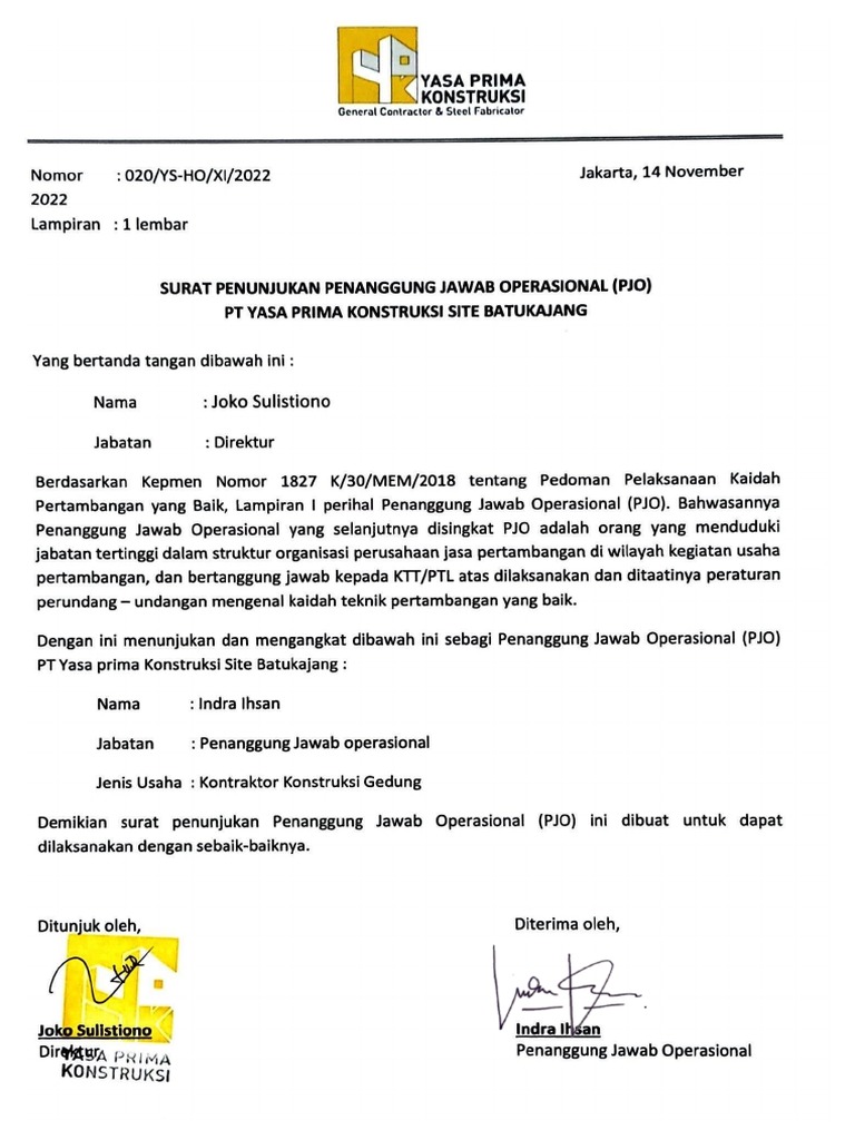 4.surat Penunjukan PJO Dari Direksi YASA | PDF