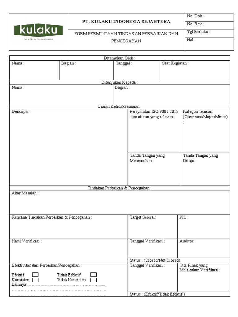Form Permintaan Tindakan Perbaikan Dan Pencegahan | PDF