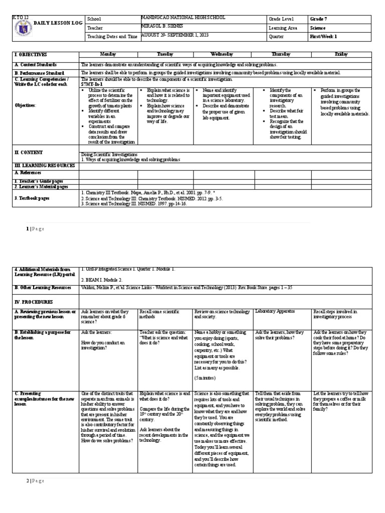 DLL Science 7 q1 Week 1docx PDF Free | PDF
