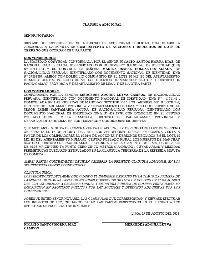 Cláusula Adicional de Compraventa | PDF