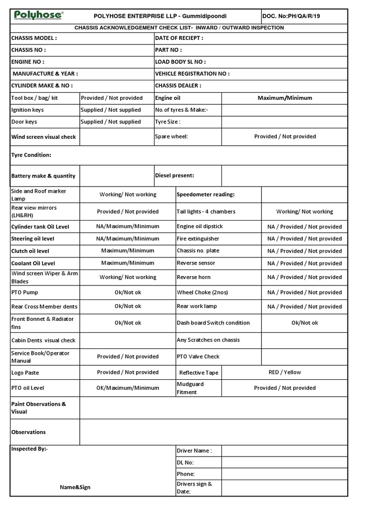 Chassis Inspection Checklist Form | PDF | Wheeled Vehicles | Motor Vehicle