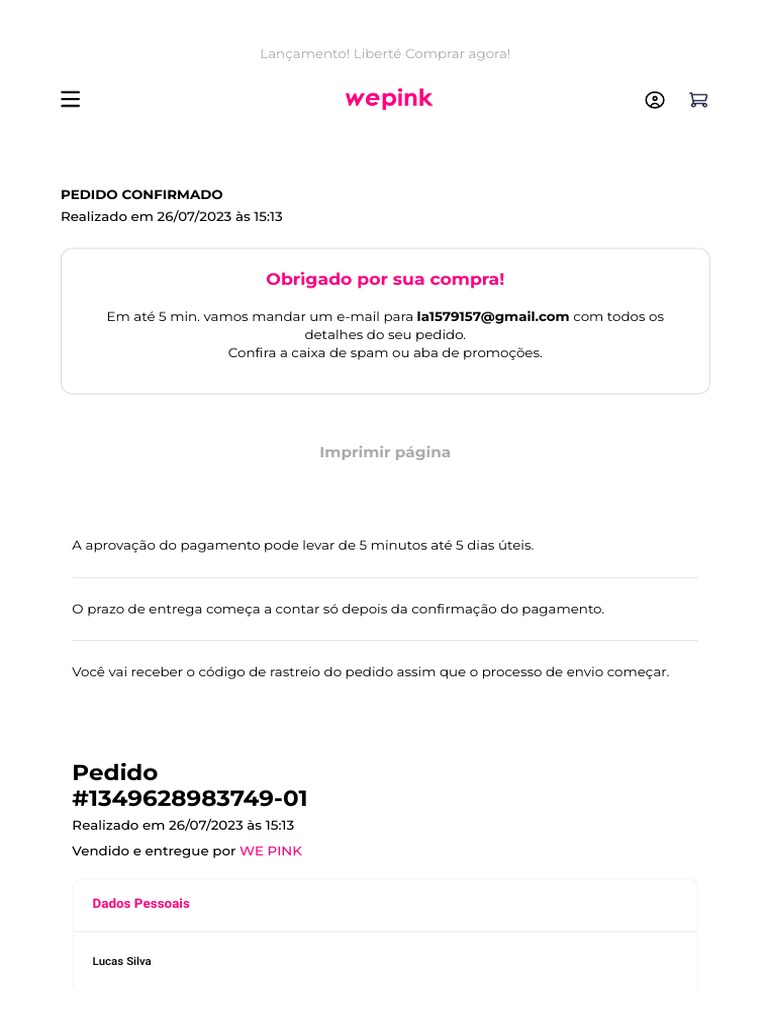 Confirmação de Pedido WE PINK | PDF