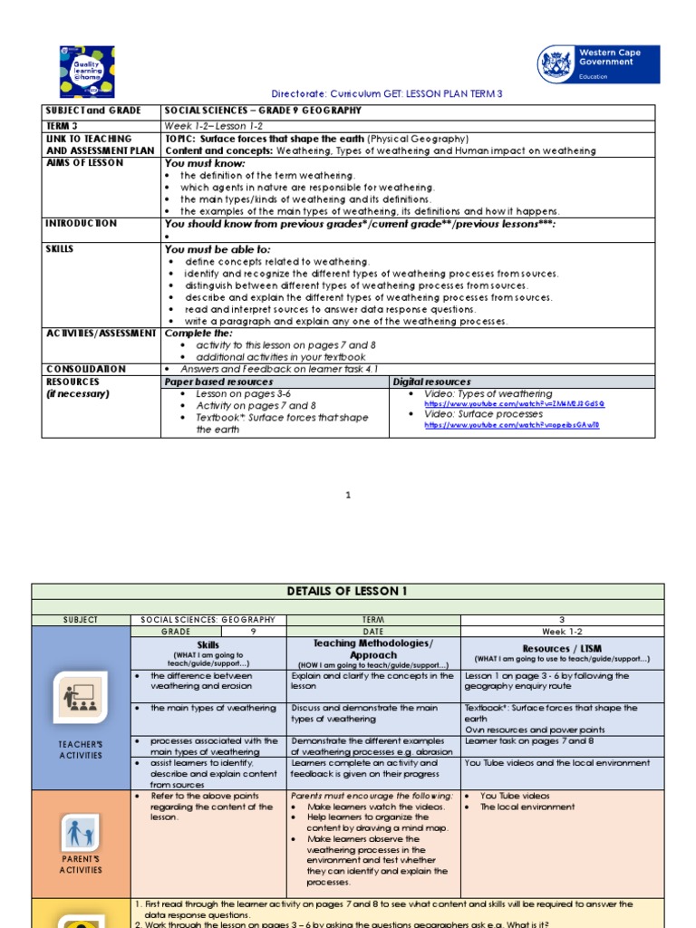 Lesson Plan GR 9 SS Geography T3 W1-2 | PDF | Weathering | Geology