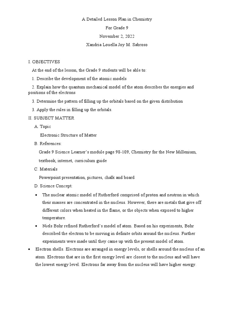 Grade 9 Lesson Plan: Electronic Structure | PDF | Atomic Orbital ...