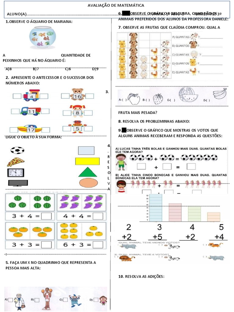 Avaliação de Matemática 1º Ano - 3º Bimestre | PDF