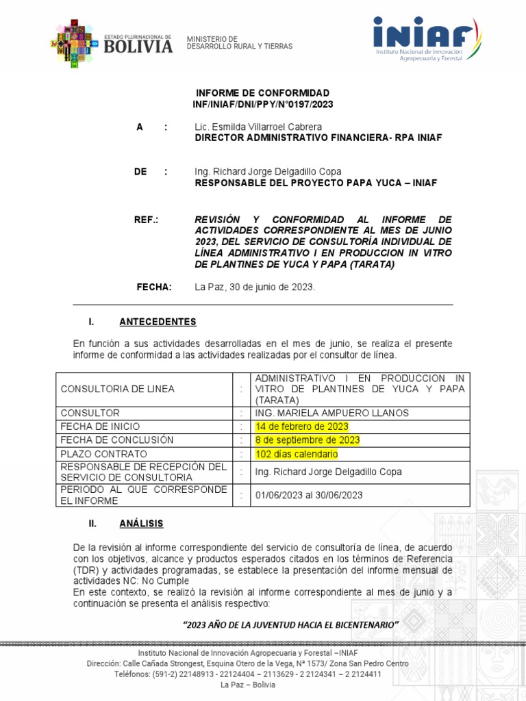 Inf Conformidad Junio Iniaf | PDF | Finanzas y dinero