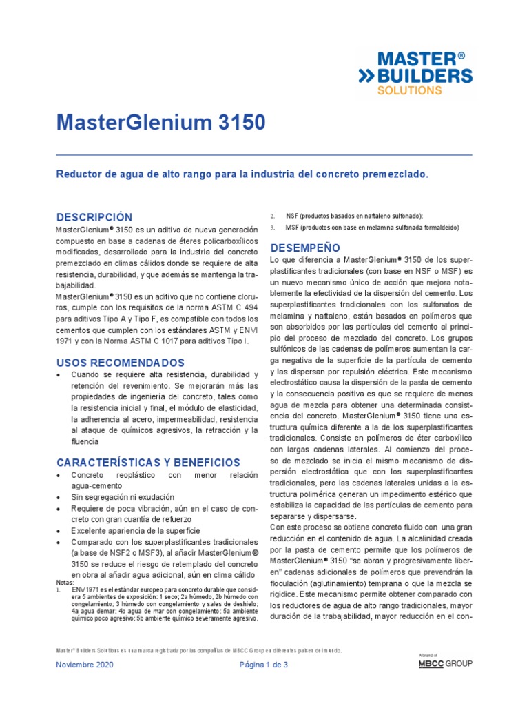 Masterglenium 3150 - Ficha Técnica | PDF | Hormigón | Materiales