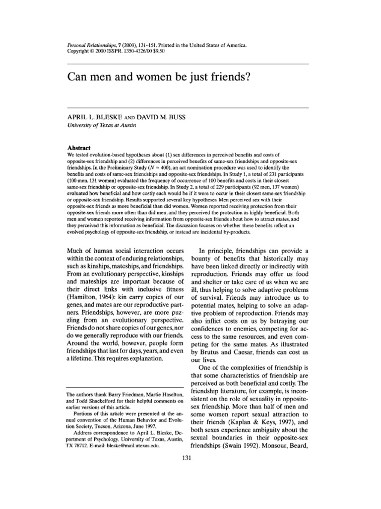 Bleske and Buss 2000. PR. Can Men and Women Be Just Friends | PDF