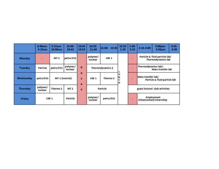 Chemical Engineering Weekly Timetable | PDF