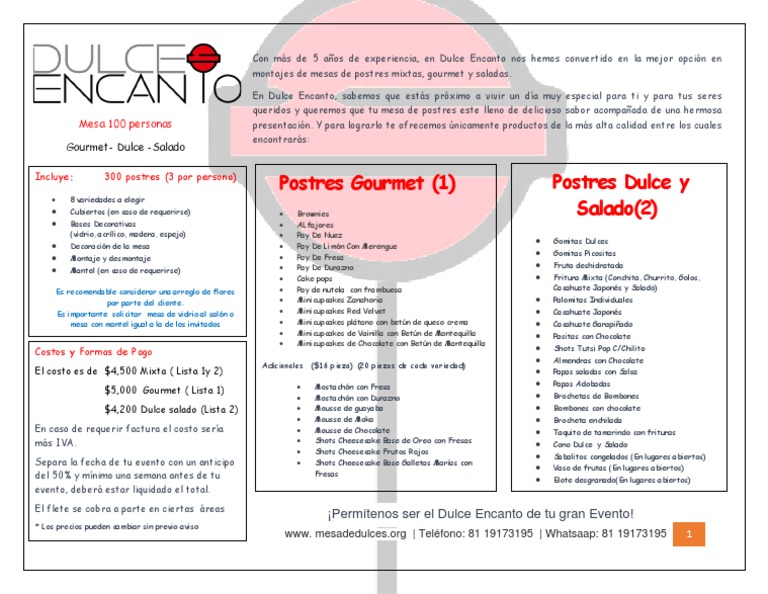 Dulce Encanto 100 Personas 2022 | PDF | Postres | Alimentos