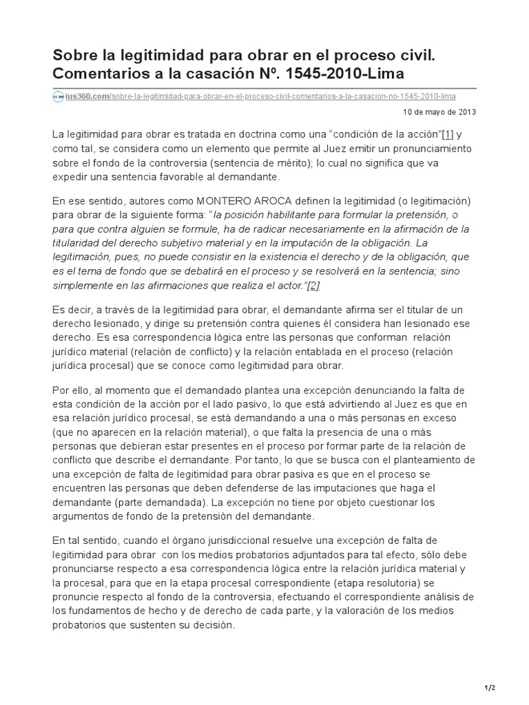 Sobre La Legitimidad Para Obrar En El Proceso Civil Comentarios A La