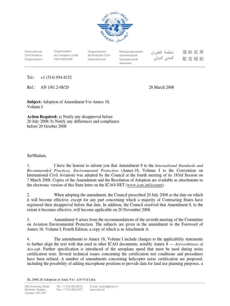 ICAO - Adoption of Amendment 9 To Annex 16, Volume I | PDF | Airplane ...