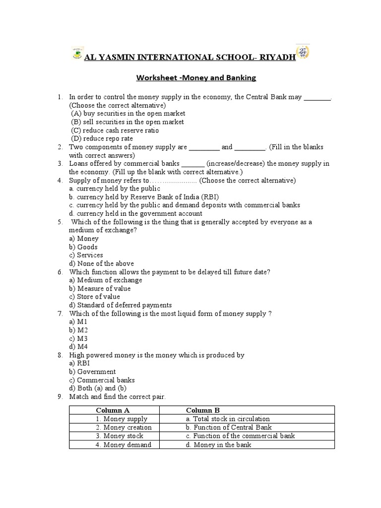 Money and Banking Worksheet 2023-24 | PDF | Money Supply | Money