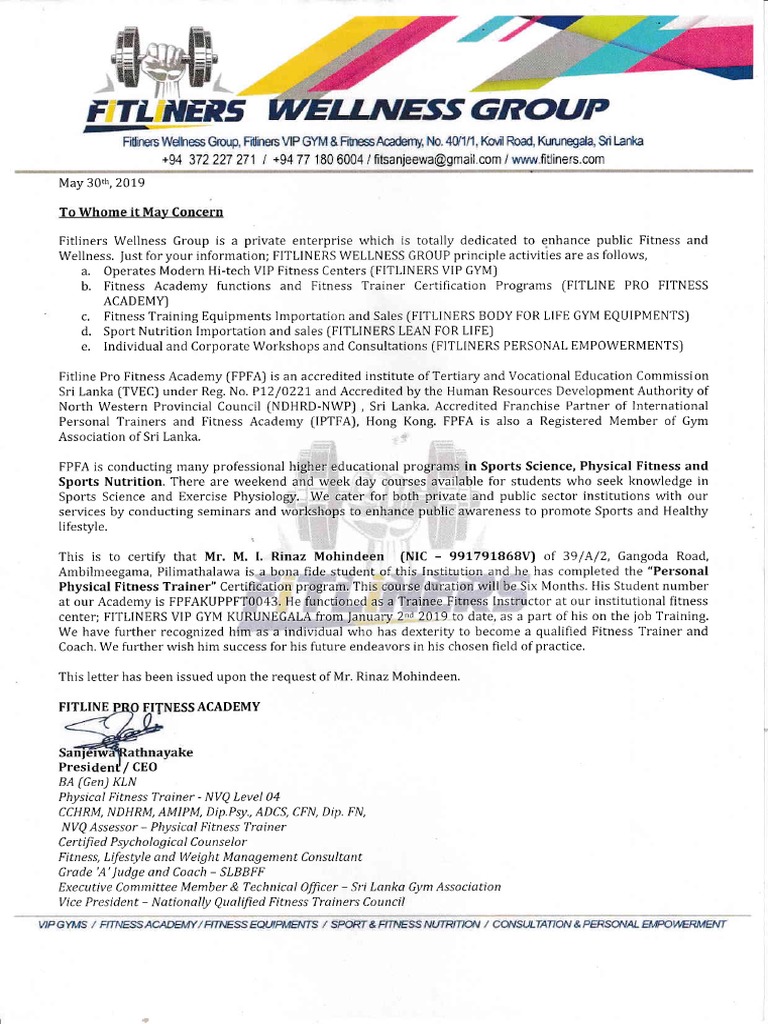 15 Service Letter | PDF | Personal Trainer | Physical Fitness