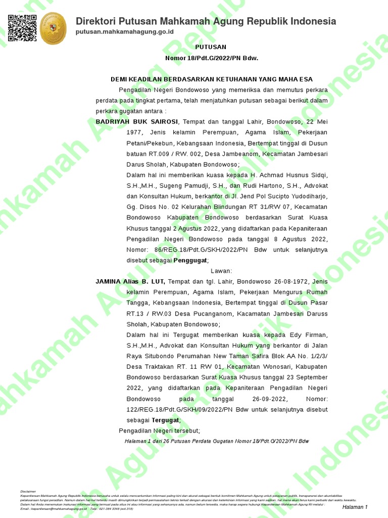 Putusan 18 PDT.G 2022 PN BDW 20230829000157 | PDF