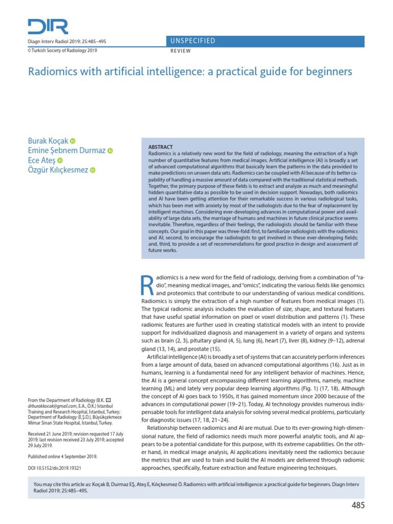 Radiomics With Artificial Intelligence- A Practical Guide for Beginners | PDF