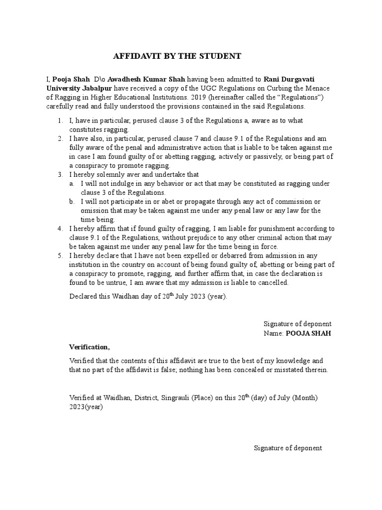 Affidavit by The Student | PDF
