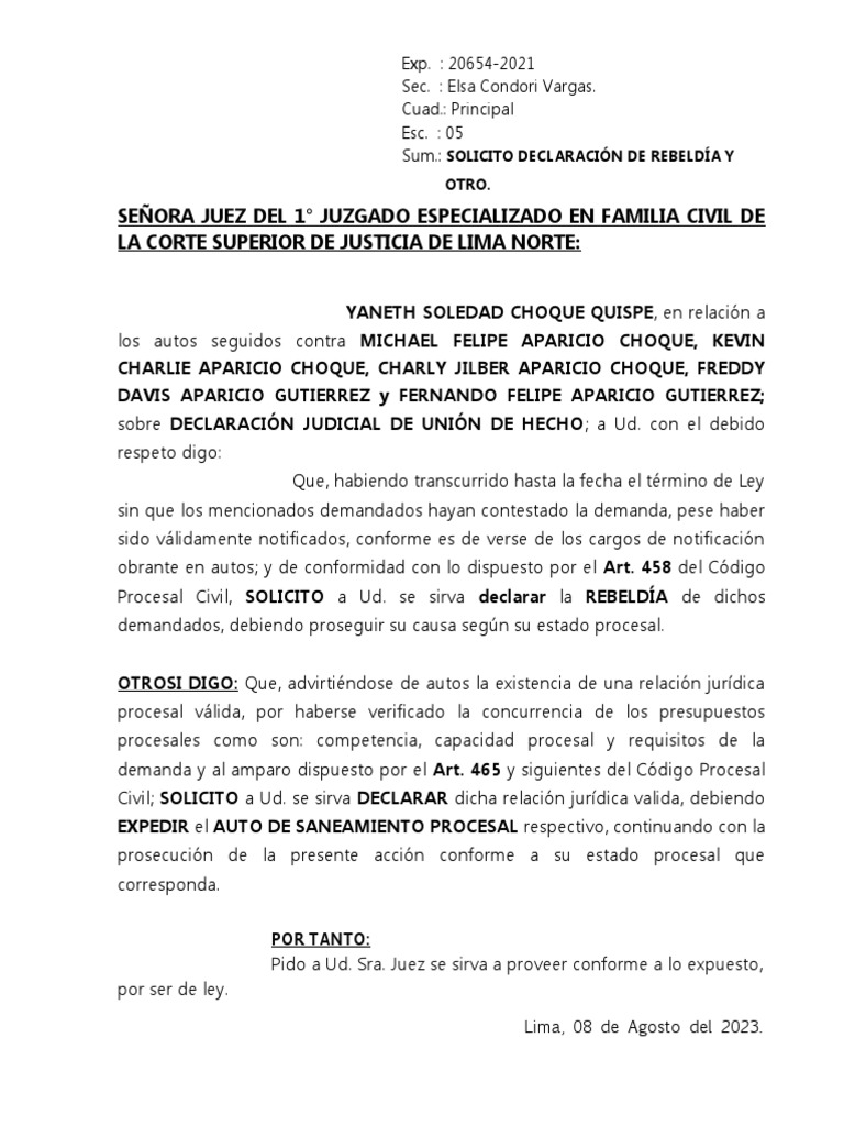 DECLARACION DE REBELDIA Y OTRO - FELIPE APARICIO - EXP. Nro. 20654-2021-2 | PDF