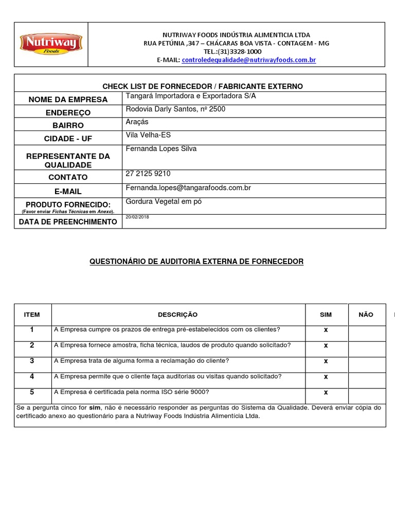 Check List de Fornecedor | PDF | Produção e fabricação | Comidas e bebidas