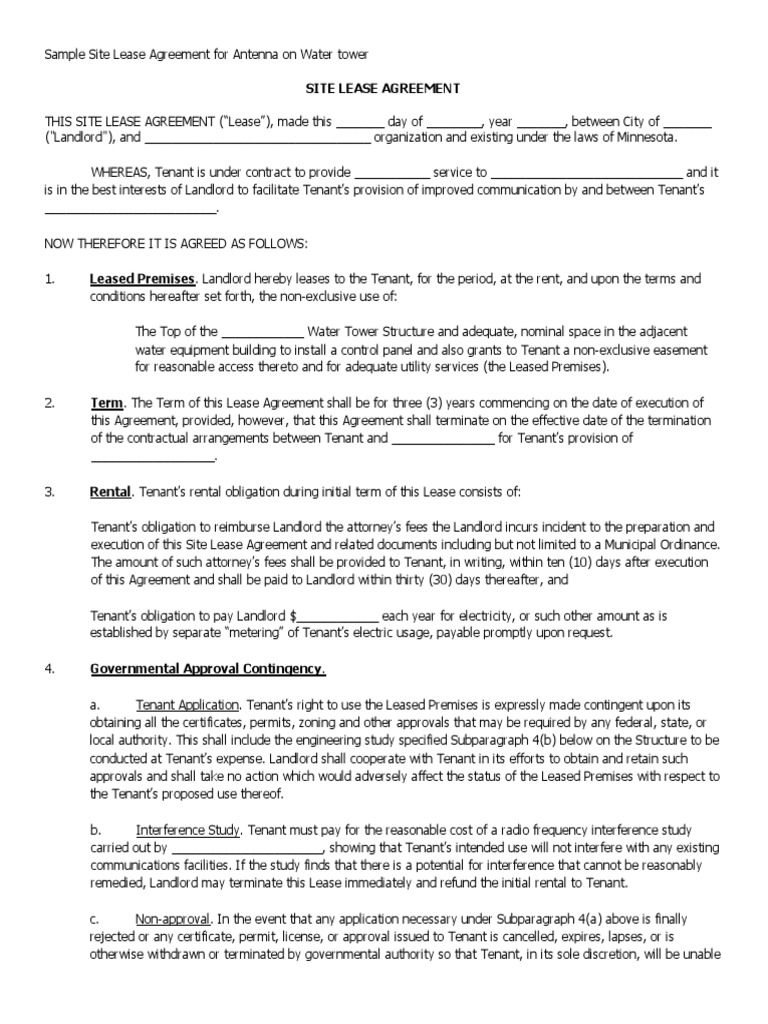 Sample Site Lease Agreementfor Antennaon Water Tower | PDF | Lease ...