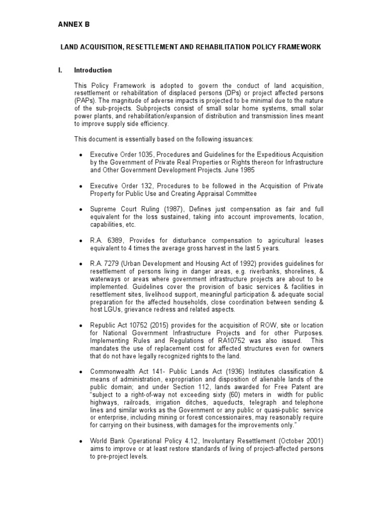 Annex B-Land Acquisition Resettlement Rehabilitation Policy Framework | PDF | Eminent Domain ...