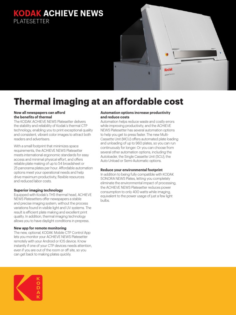 KODAK ACHIEVE NEWS Platesetter Data Sheet EN | PDF | Automation | Computing