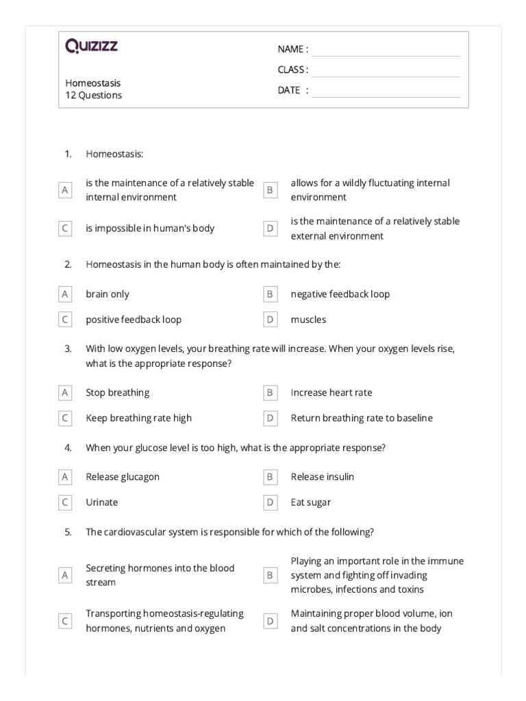 Worksheet 2 Homeostasis Answer Key | PDF | Homeostasis | Clinical Medicine
