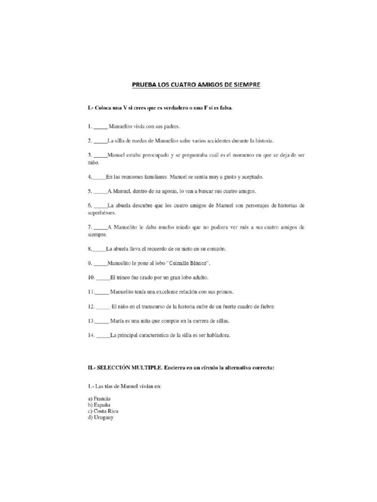 Repaso para Prueba Los Cuatro Amigos de Siempre | PDF